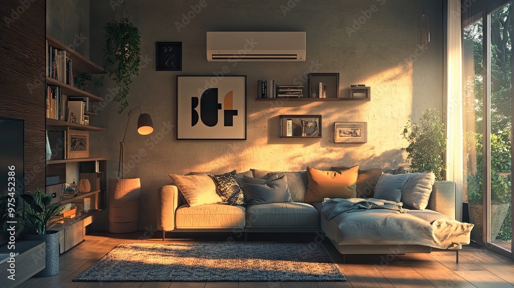 Cozy living room with a dual-output AC splitter, providing efficient ...