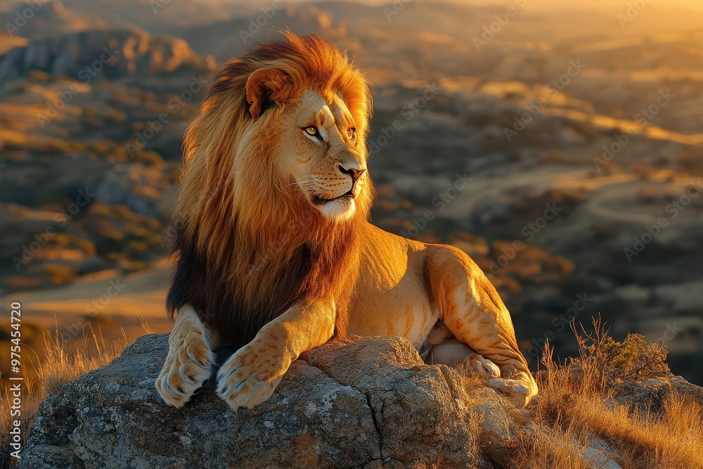 majestic lion perched on rocky outcrop at sunrise golden light ...