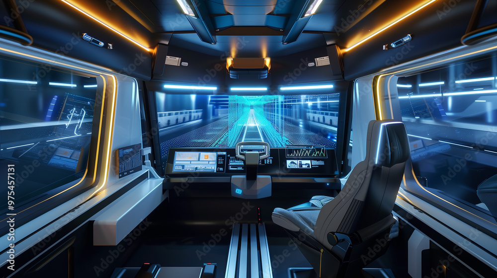 interior of a modern self driven shipping truck equipped with ...