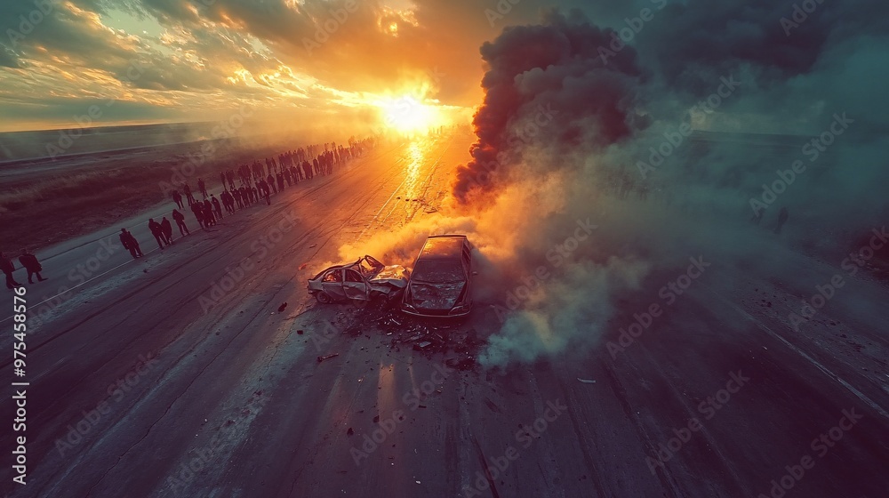 Skid marks leading up to a dramatic car crash site, both vehicles with ...