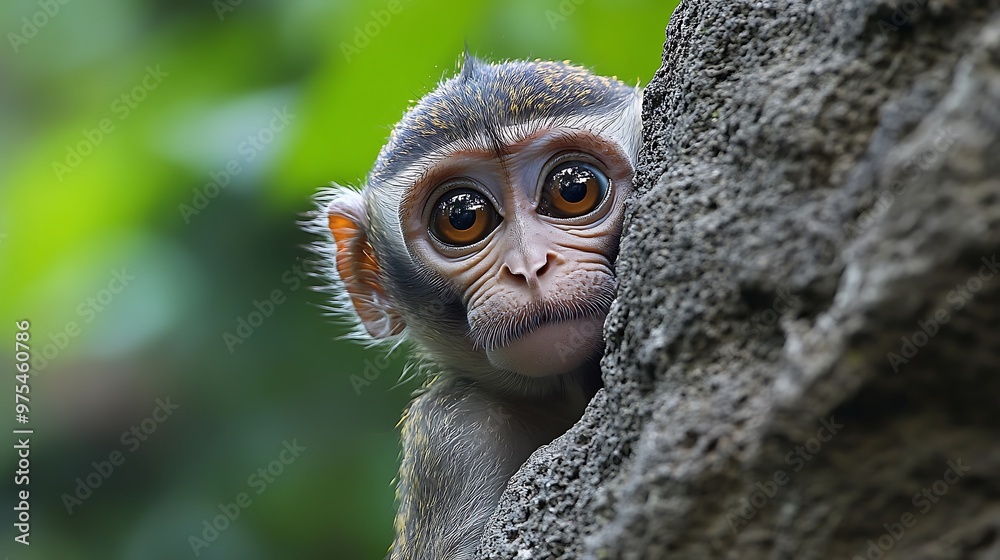 Curious and Playful Monkey Peeking Out Behind Rock in a Humorous Scene ...