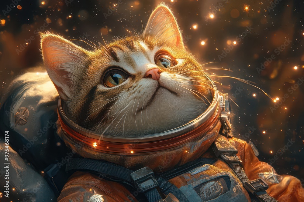 whimsical illustration of a mischievous space cat floating in zero ...