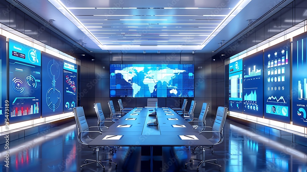 A high-tech business meeting room with digital dashboards and immersive ...
