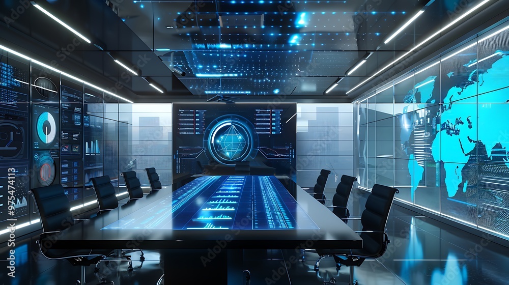 A high-tech business meeting space with digital dashboards and ...