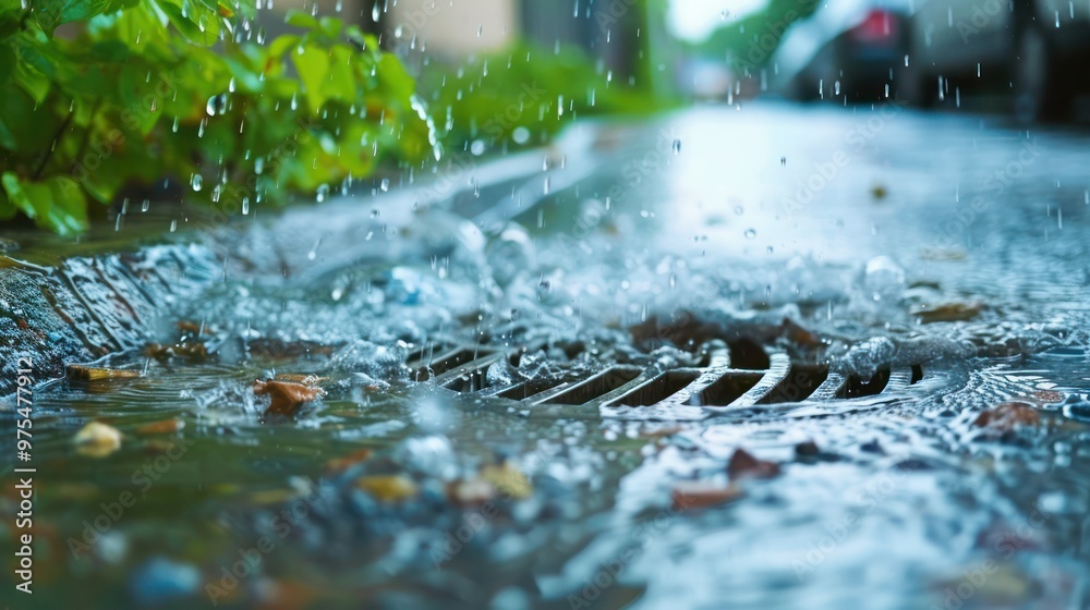 Rainwater flowing into city storm drain from downpipe in urban setting ...