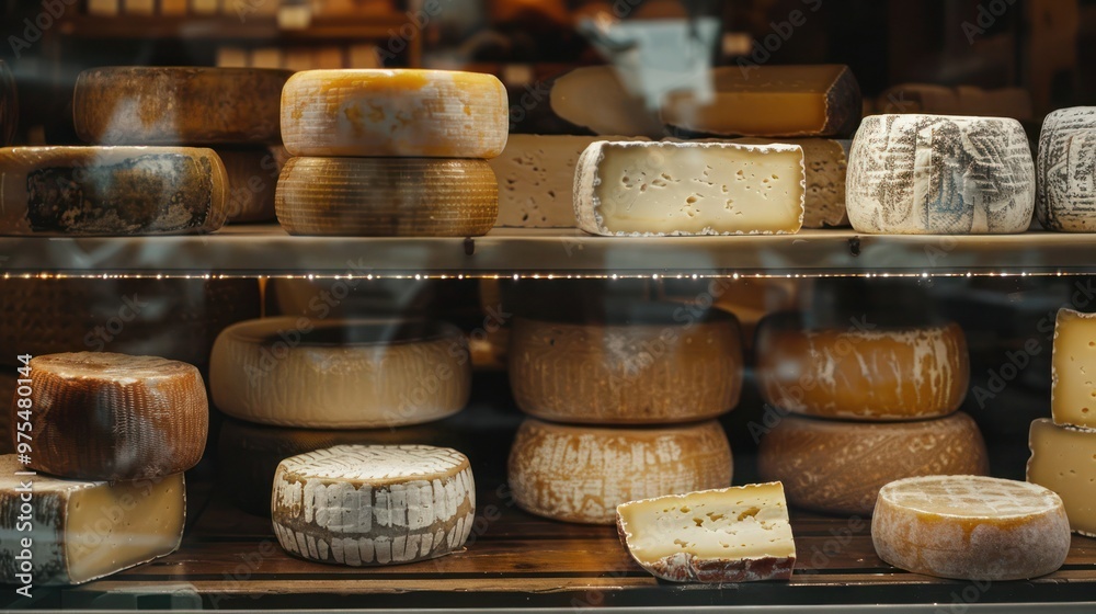 Variety of cheese showcased in a traditional shop window. Close-up shot ...