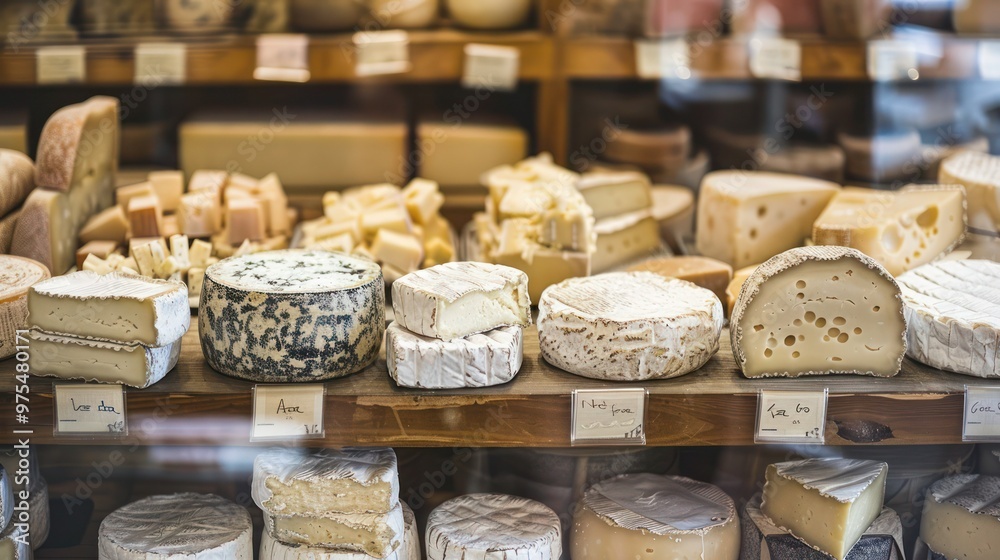 Variety of cheese showcased in a traditional shop window. Close-up shot ...