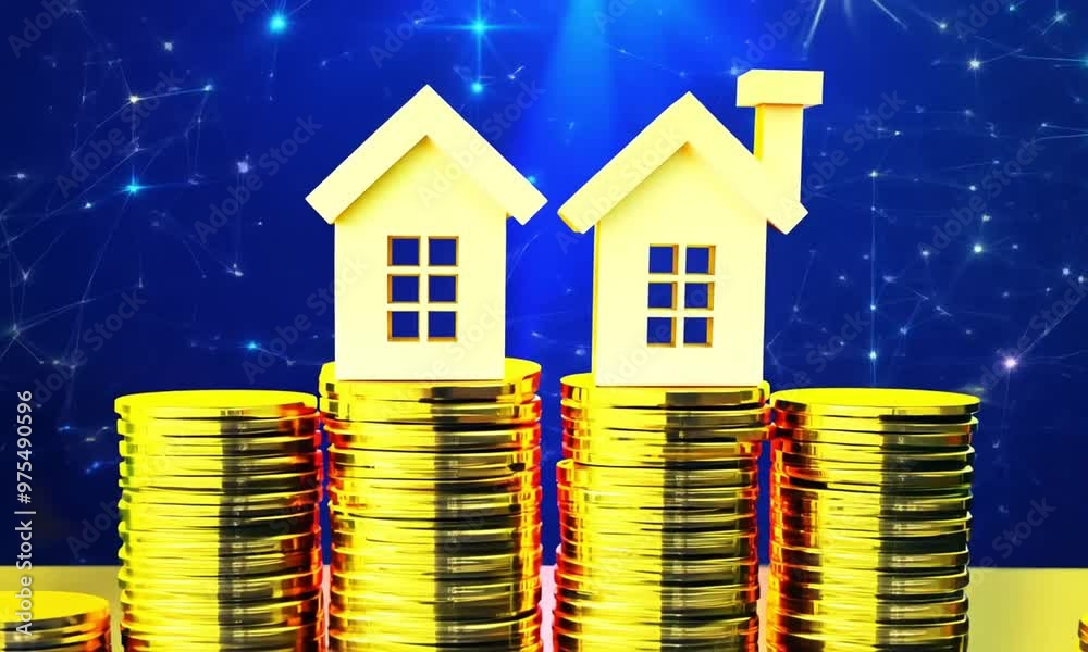 A real estate market graph with vibrant colors, two miniature houses on ...
