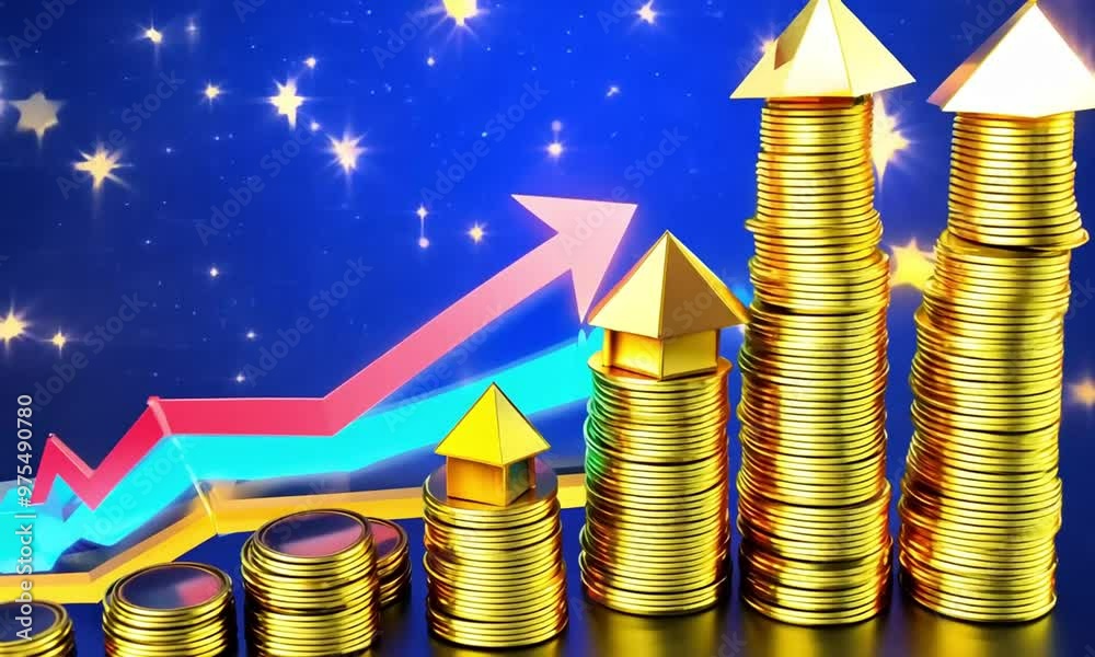 A real estate market graph with vibrant colors, two miniature houses on ...