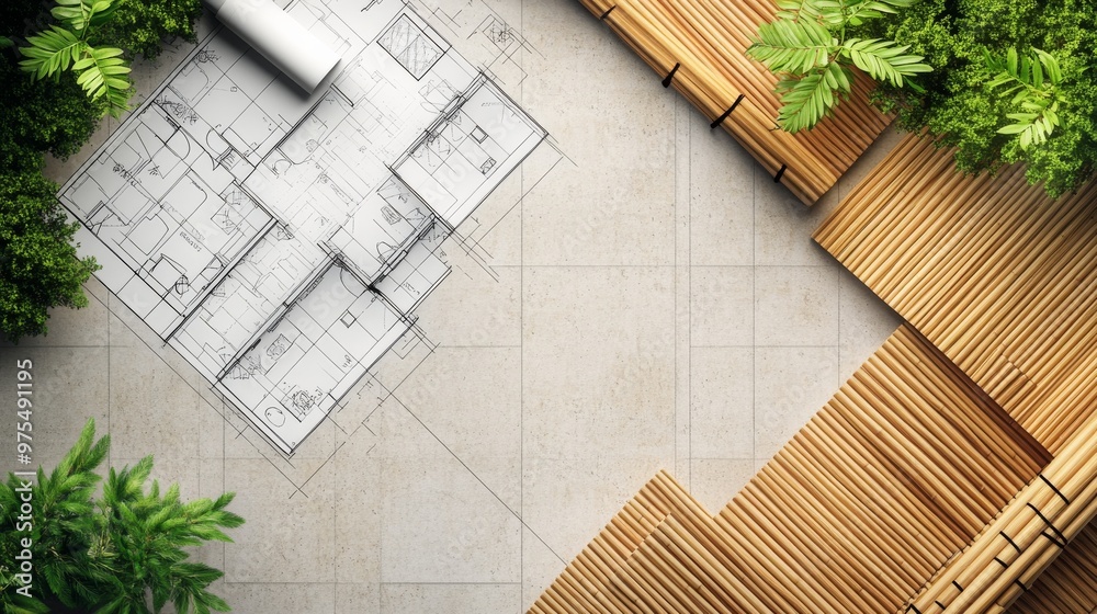 Architectural blueprints of an eco-friendly building are shown ...