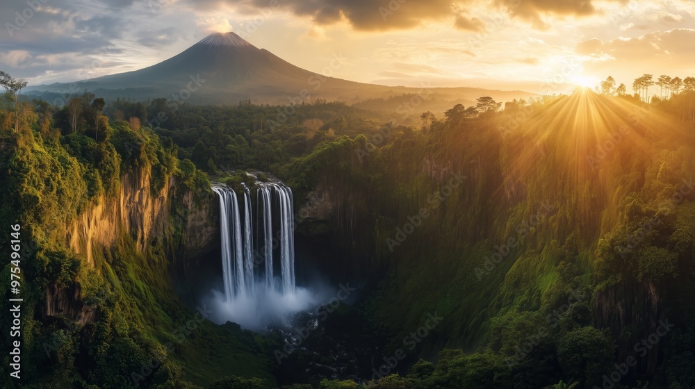 Tumpak Sewu Waterfall And Semeru Mountain At Sunrise Indonesia Stock