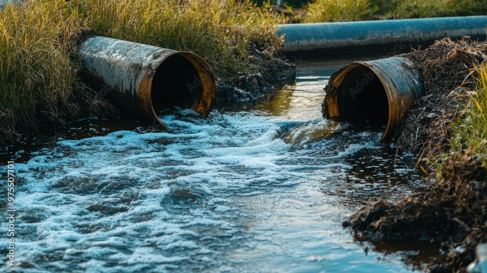 Industrial sewage pipe leaking polluted water into a river ...
