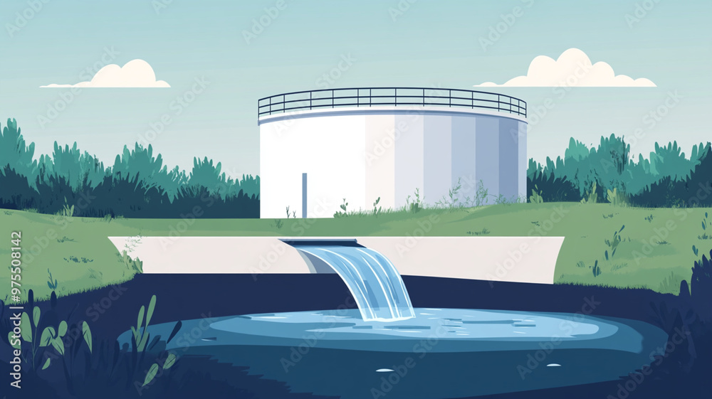 Vector illustration of a large white water tank with a leak showing water flowing from the tank ...