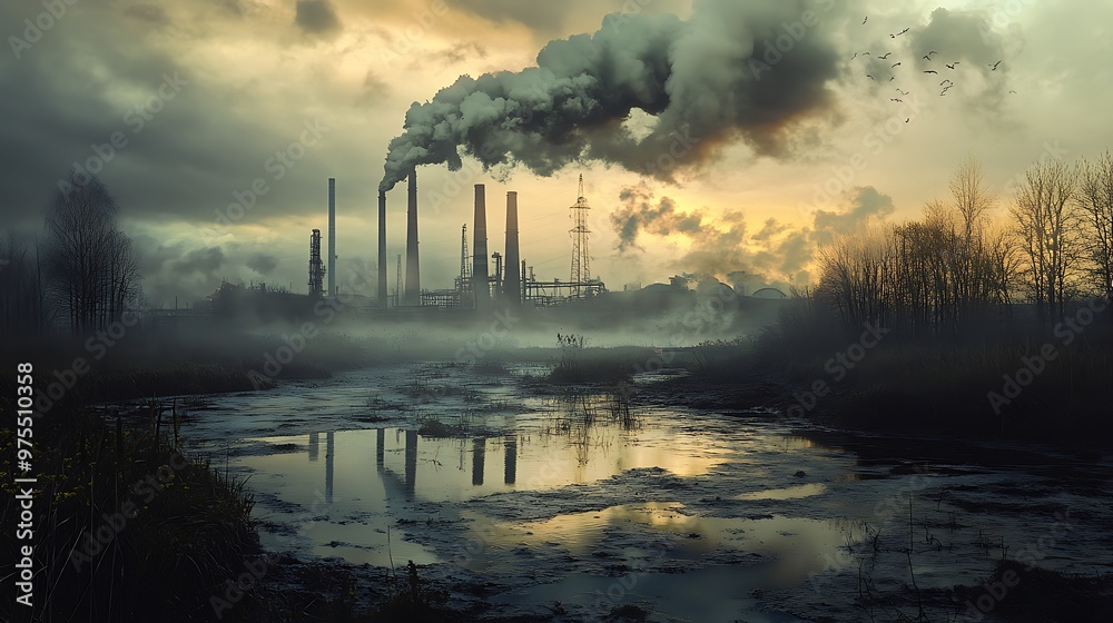 A somber sunset over an industrial wasteland with smoke billowing from ...
