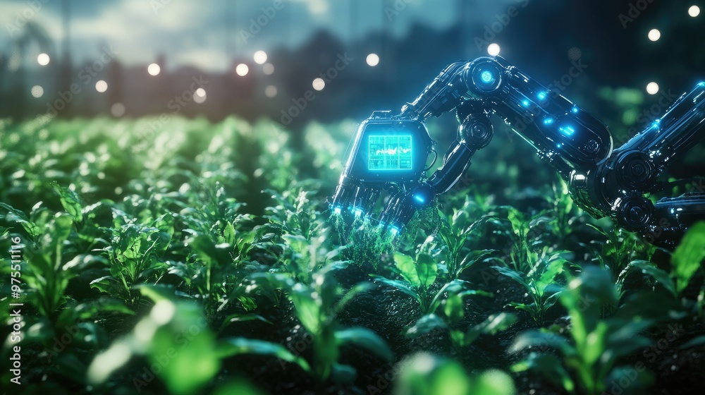 Automated weed control machine with robotic arms uprooting plants ...