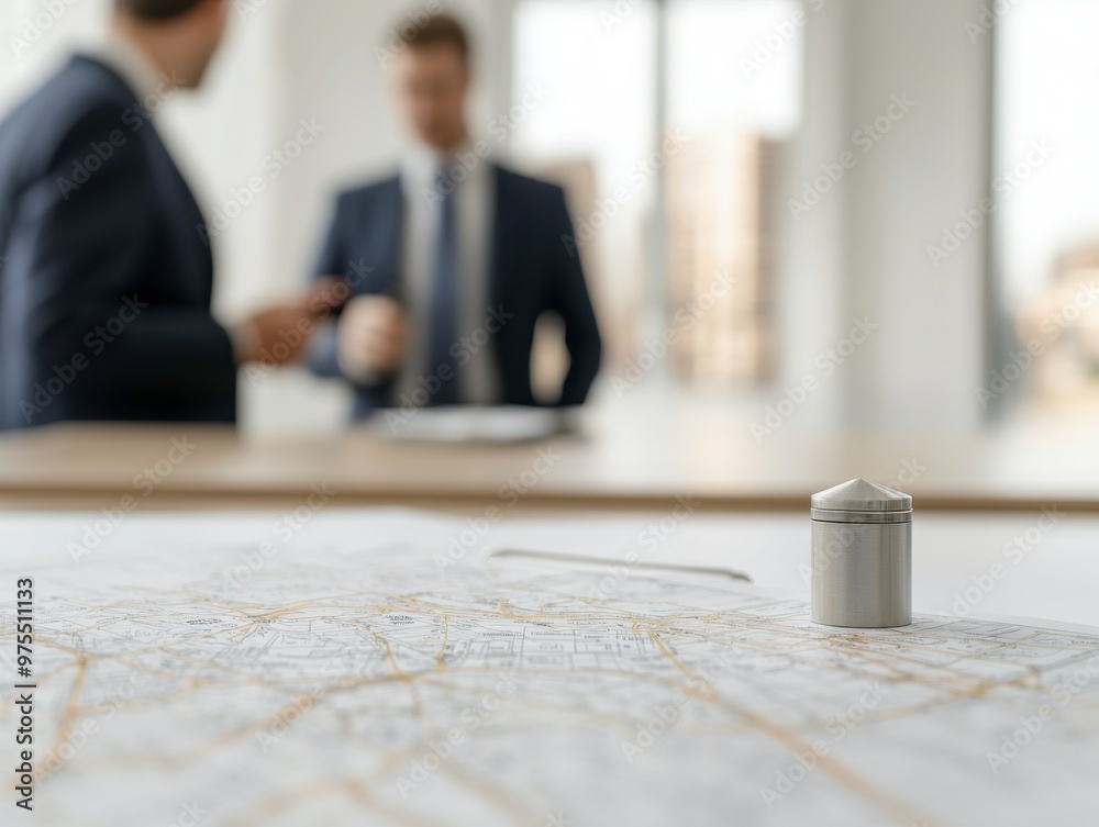 Two professionals engage in a discussion over a map, with focus on a ...