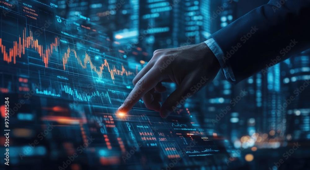 Hand pointing at a data visualization screen, highlighting important ...