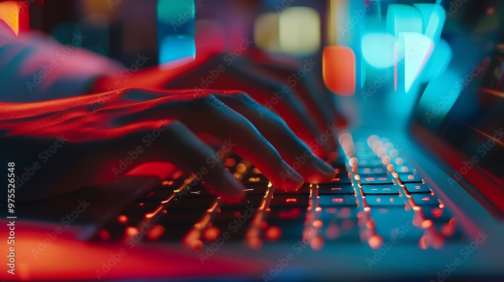 Close up image of hands working on a laptop keyboard in a contemporary ...