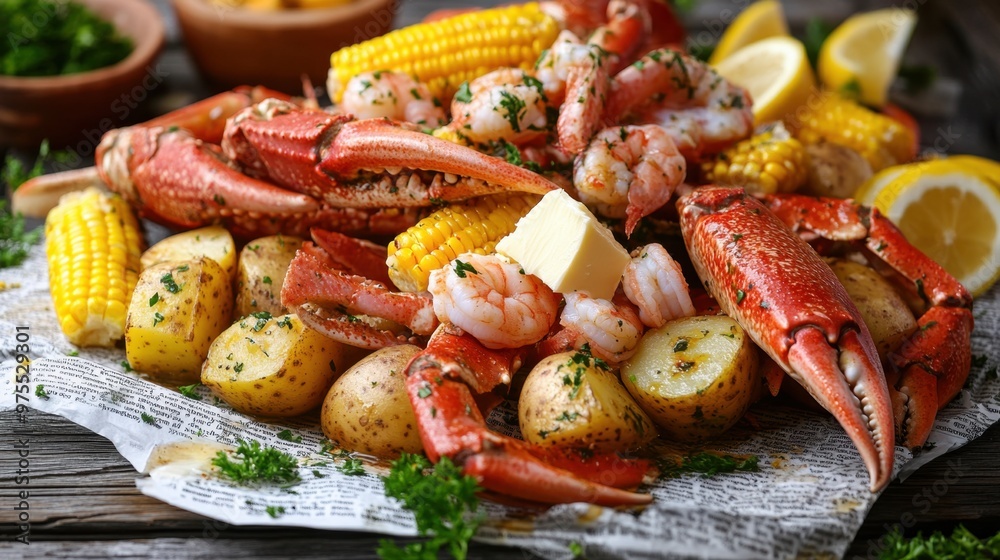 Seafood, crab legs, shrimp, corn, potatoes and sausage spread on ...