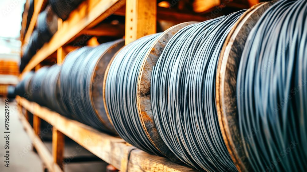 Steel cable spools rest on wooden stands, showcasing their sleek and ...