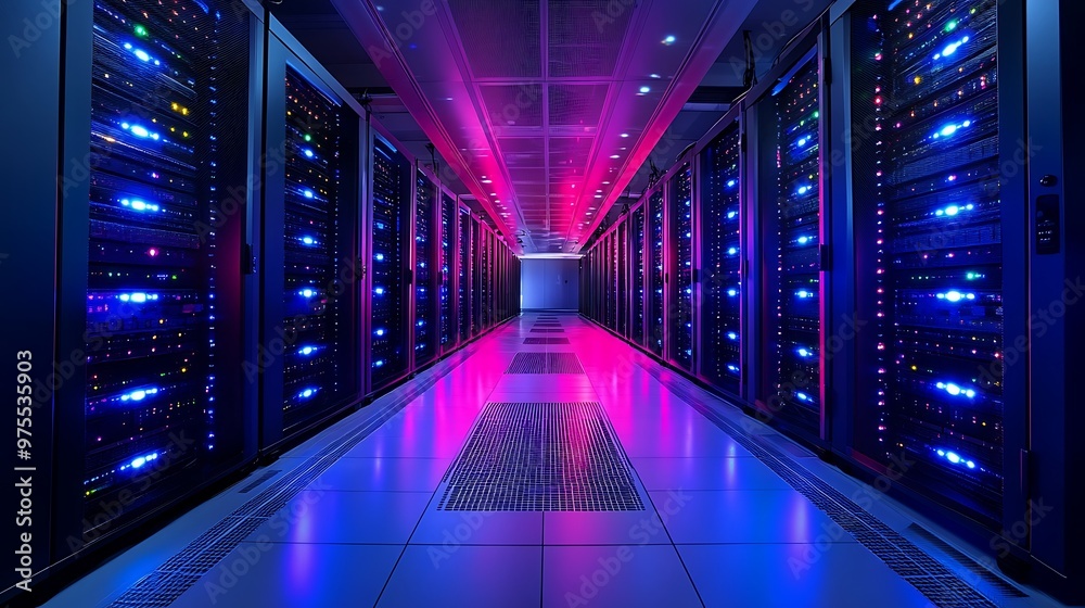 Rows of server racks with glowing lights in a modern data center. Stock ...
