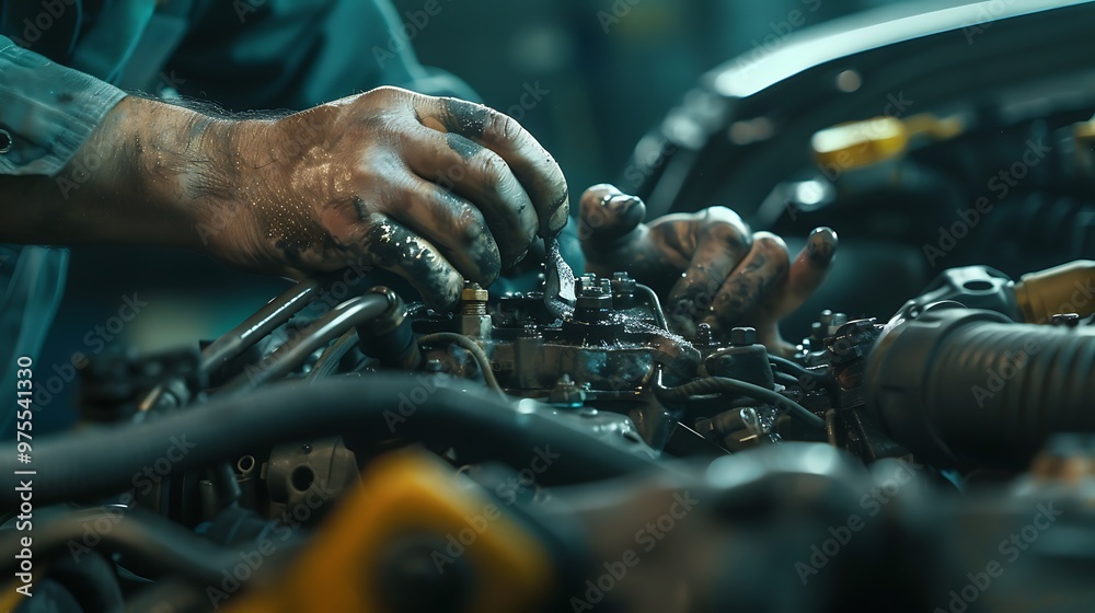 Detailed shot of mechanic working on car engine highlighting expert ...