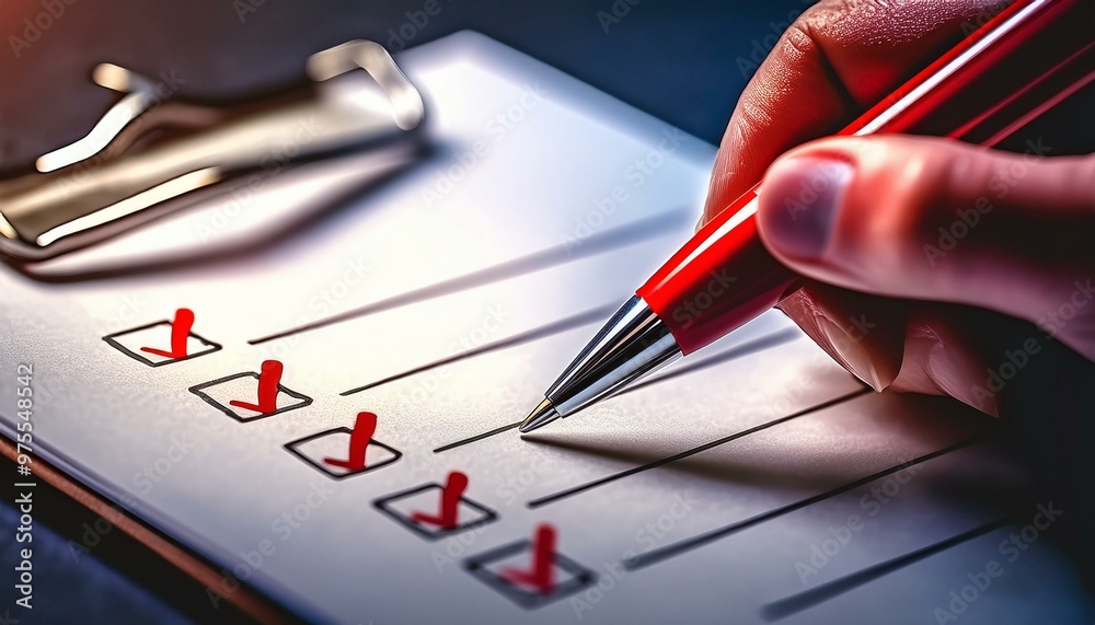 Red Pen Marking Checkbox on Paper Closeup , Closeup of a red pen ...