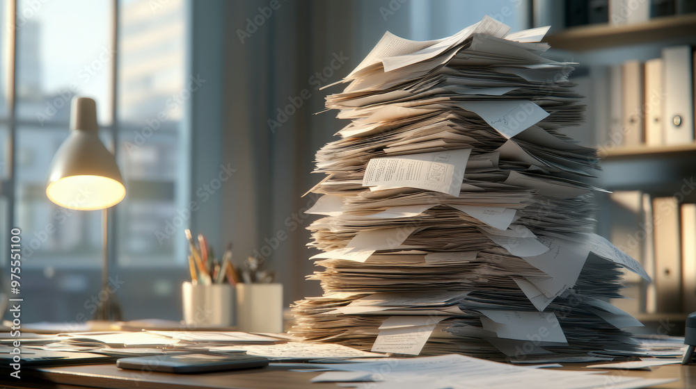 A towering stack of cluttered paperwork dominates a desk in an office ...