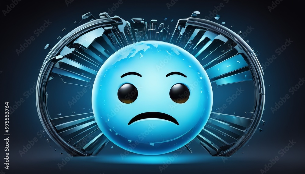 A blue emoticon with a sad face surrounded by shattered digital ...