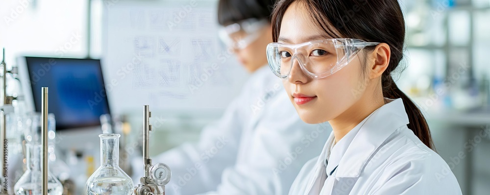 Chemical engineers in a research lab conducting an experiment with a ...