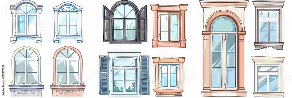 Windows drawing set, hand-drawn architecture design elements, windows ...
