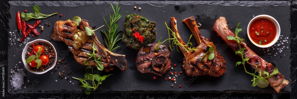 Restaurant Food Set with Grilled Beef Cheeks, Lamb Legs and Tongues Top ...
