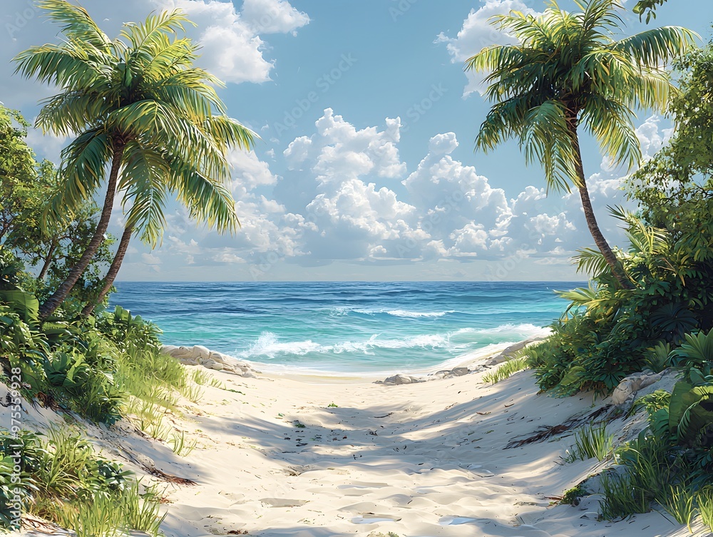 Realistic 3D art pattern of a tropical beach, with rich textures and ...