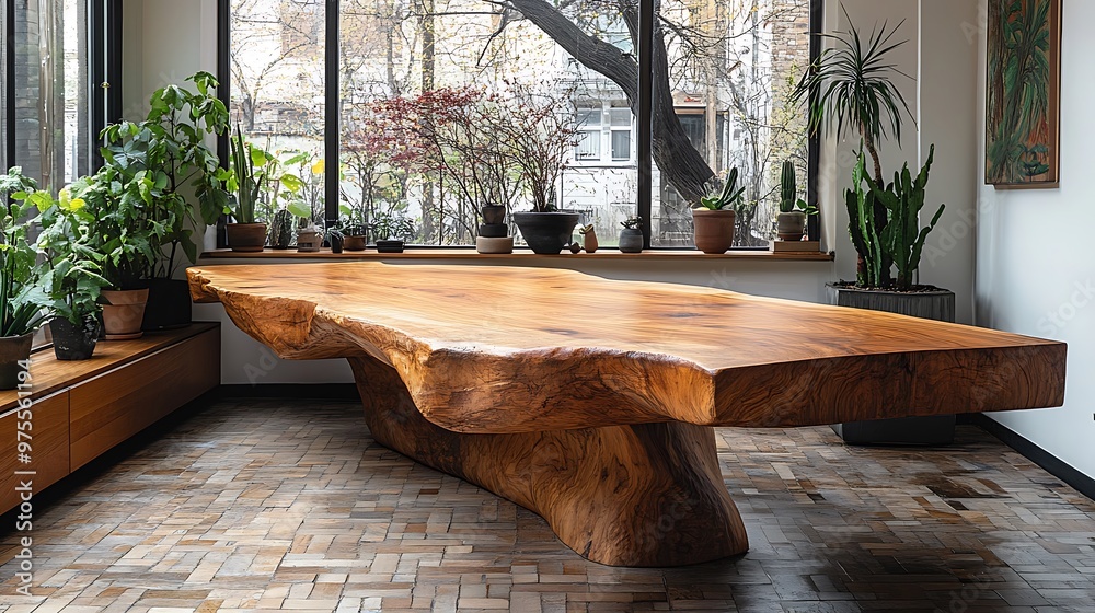 A large, rustic wooden table with an irregular shape and live edge sits ...