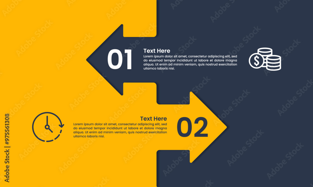 2 Options infographic template. Arrow left and right banner yellow and ...