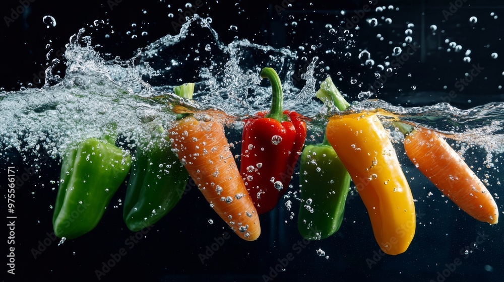 Colorful mixed vegetables including bell peppers and carrots floating ...