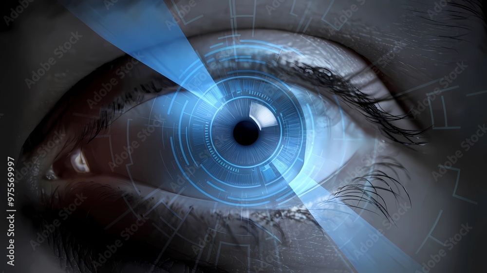 A closeup shot of a human eye with a blue digital cyber electronic ...