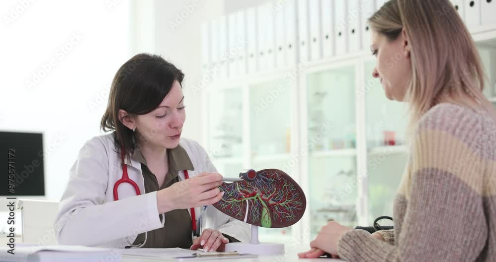 Doctor explains liver operation concept to patient using plastic model ...