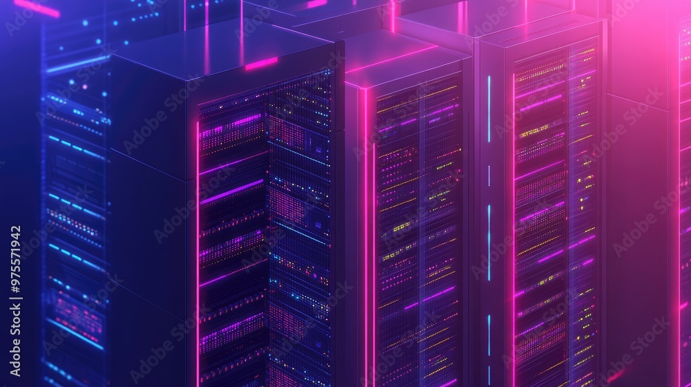 Neon lit server racks in a data center, glowing with blue and pink ...