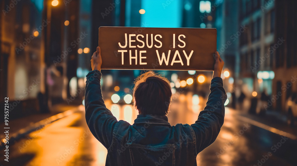 Christian Man holding placard in the city at night, sharing the message ...