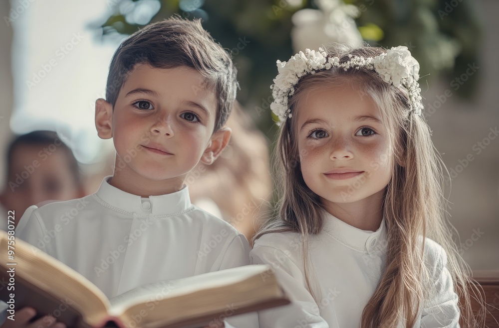 Joyful children in white at ceremonial event with open book and floral ...