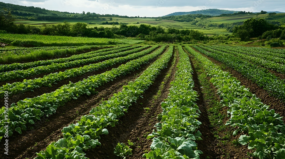 Organic farming field with rows of crops growing in a sustainable ...