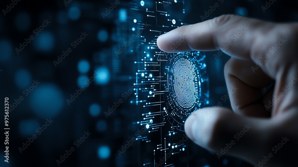 Hand reaching to touch a futuristic digital fingerprint scanner ...