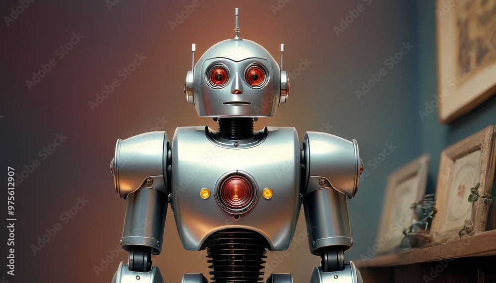 A close-up shot of a retro-styled robot with glowing red eyes and ...