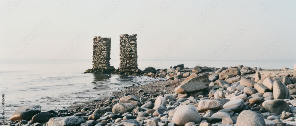 Stacked stone pillars stand at the edge of a tranquil beach, embraced ...
