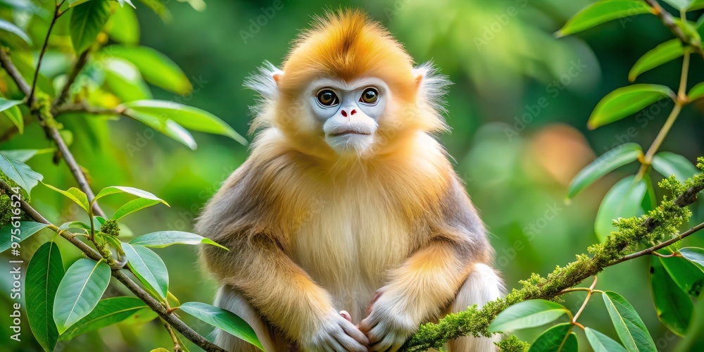 Tonkin snub-nosed monkey sits in a lush jungle tree, its distinctive ...