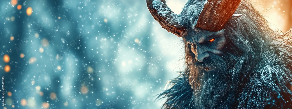 Krampus demonic figure in snowy darkness. Alpine folklore winter ...