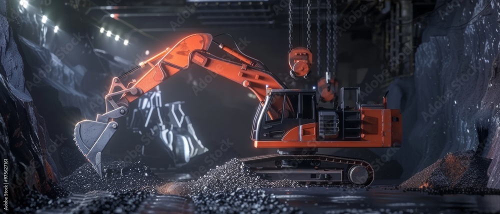 A bright orange excavator operates in a dimly-lit, extensive ...