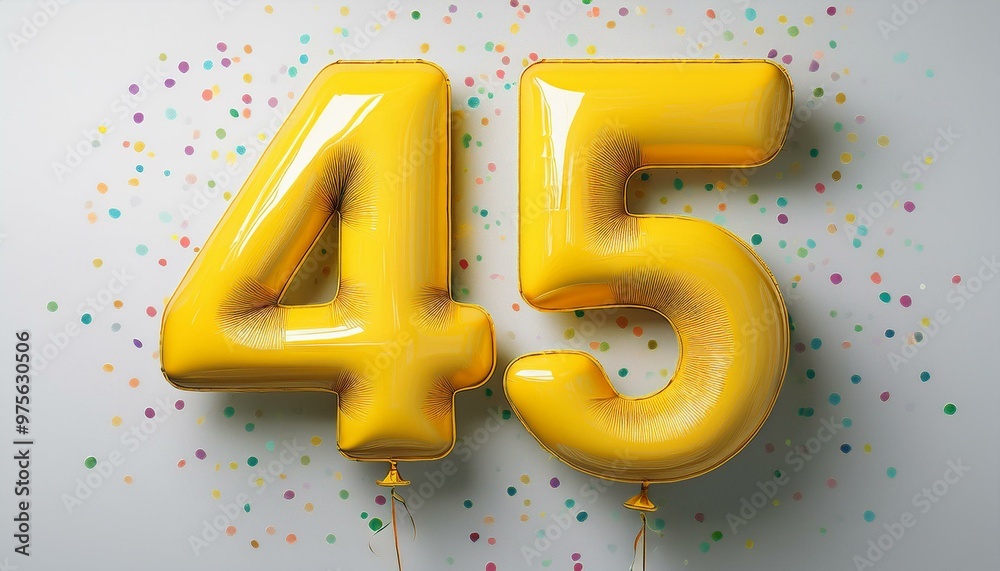 Yellow birthday / anniversary balloon, number 45, white background with ...