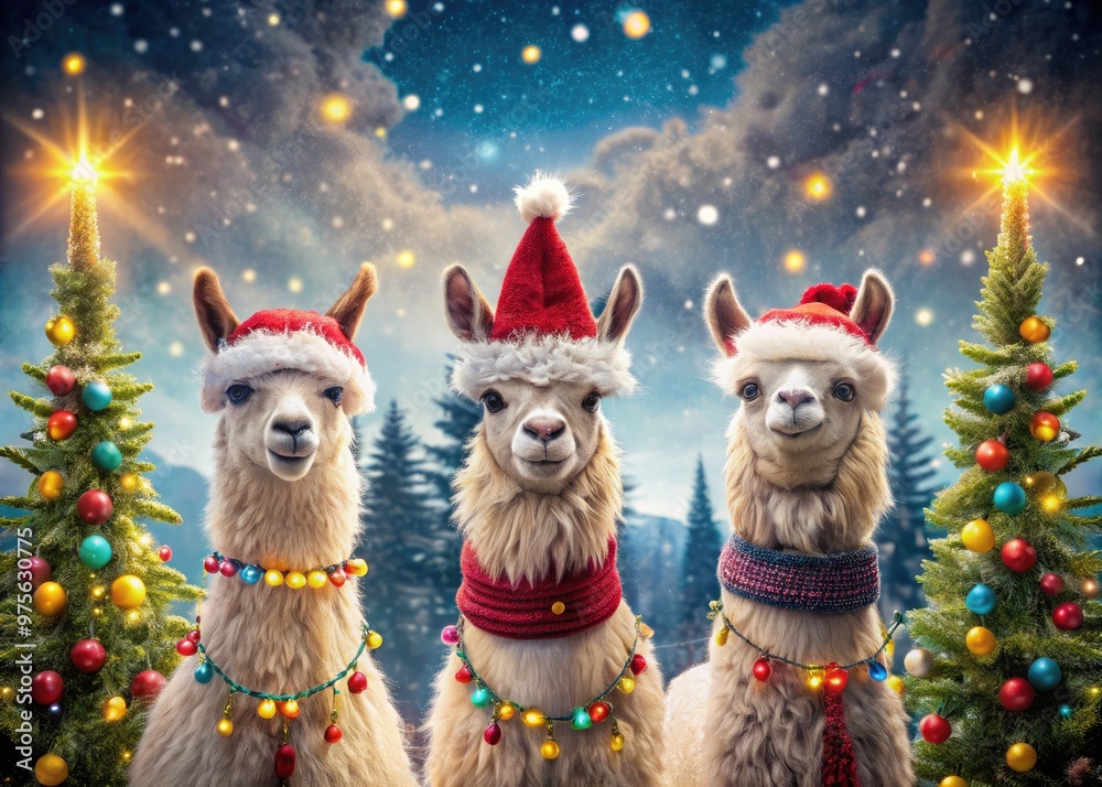 Adorable llamas wear festive Santa hats and scarves in a snowy winter ...